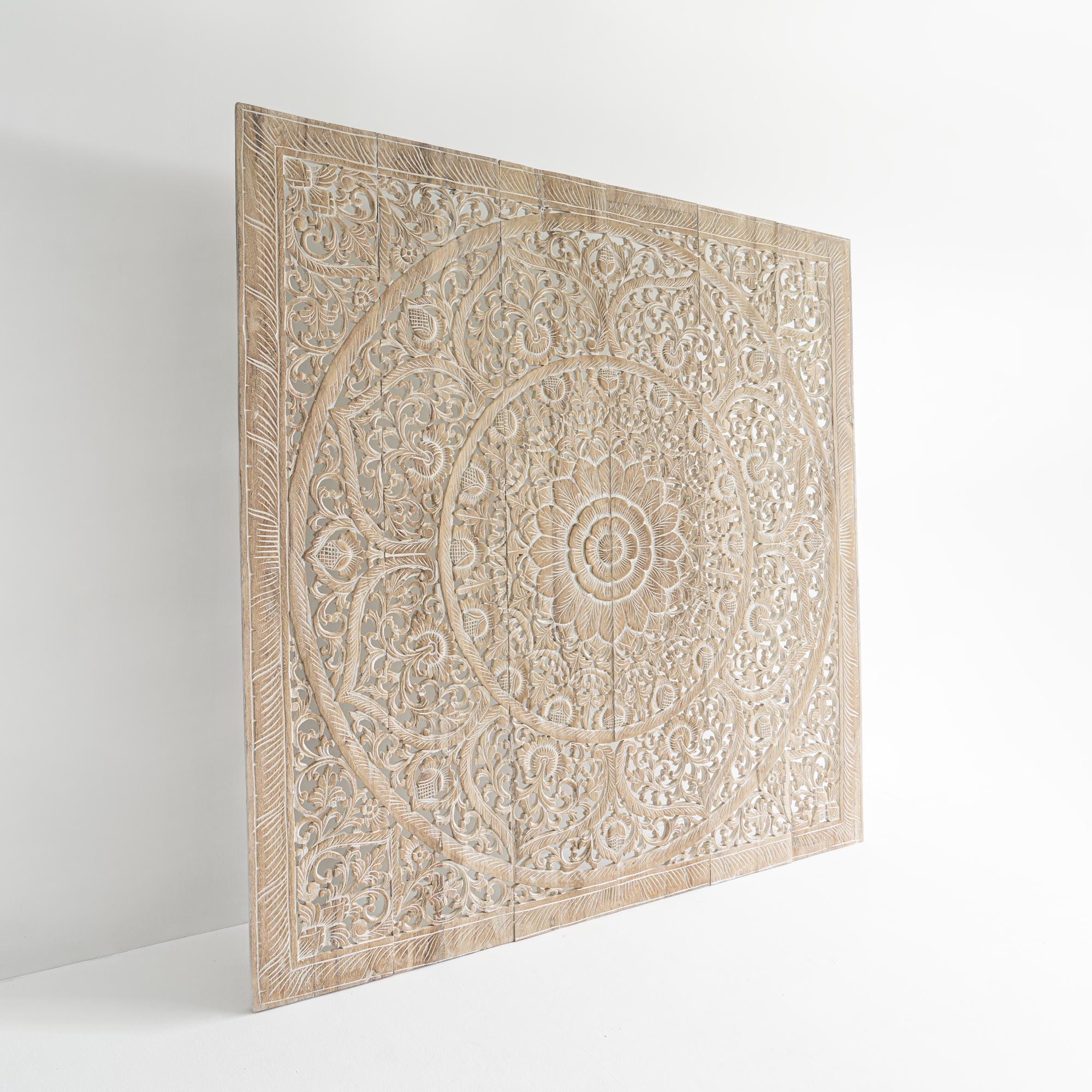 Large Carved Wood Wall Panel White Washed Teak Wall Art 72” Mandala ...