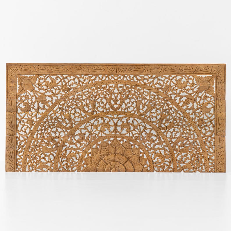 Lanna Lotus Mandala Headboard | Hand-carved Thai Teak Wood Art | 72 ...