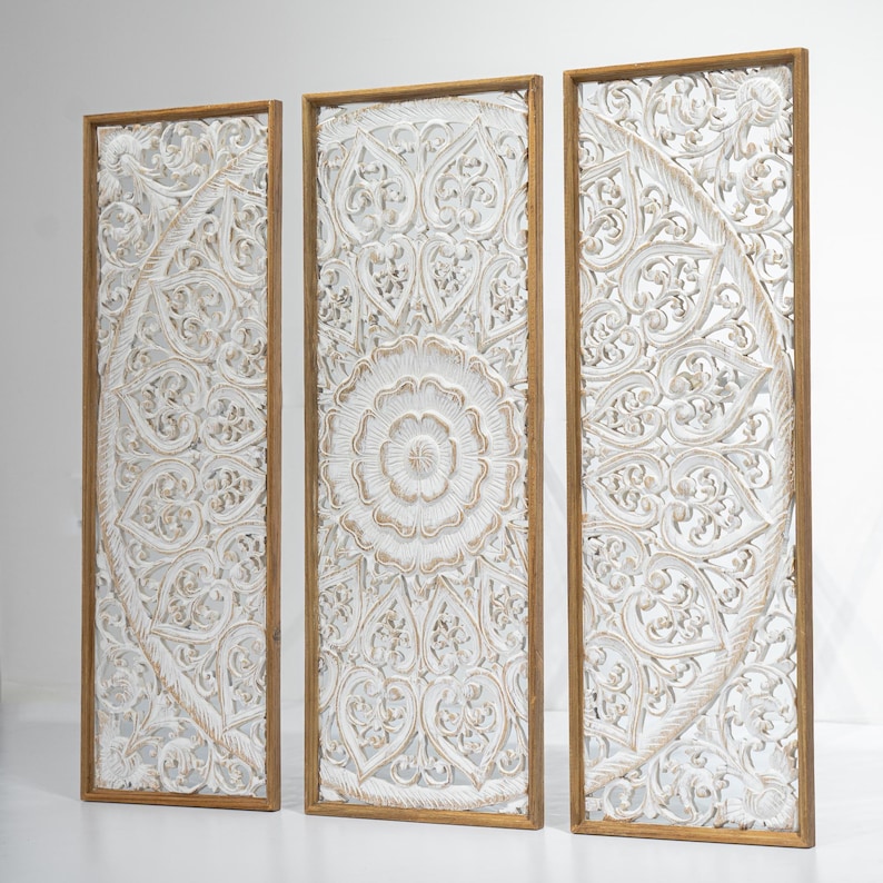 Hand-carved Teak Wood Wall Art - Whitewash Mandala Panel, Boho Home ...