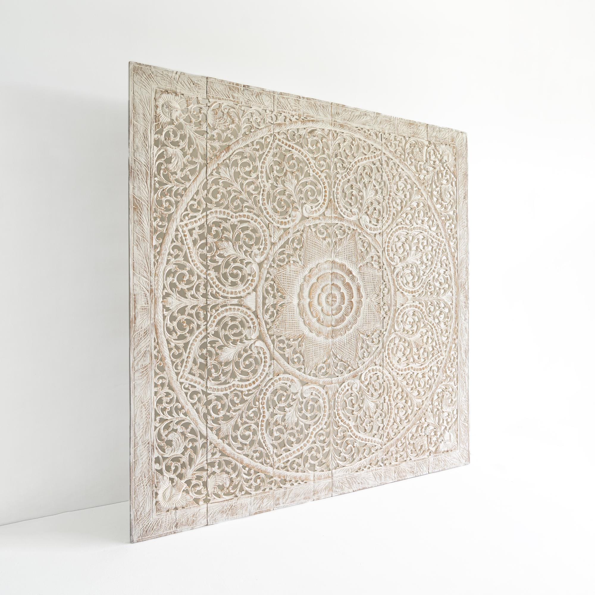 72" Lotus Mandala Panel | King Size Whitewashed Teak Wood Headboard ...