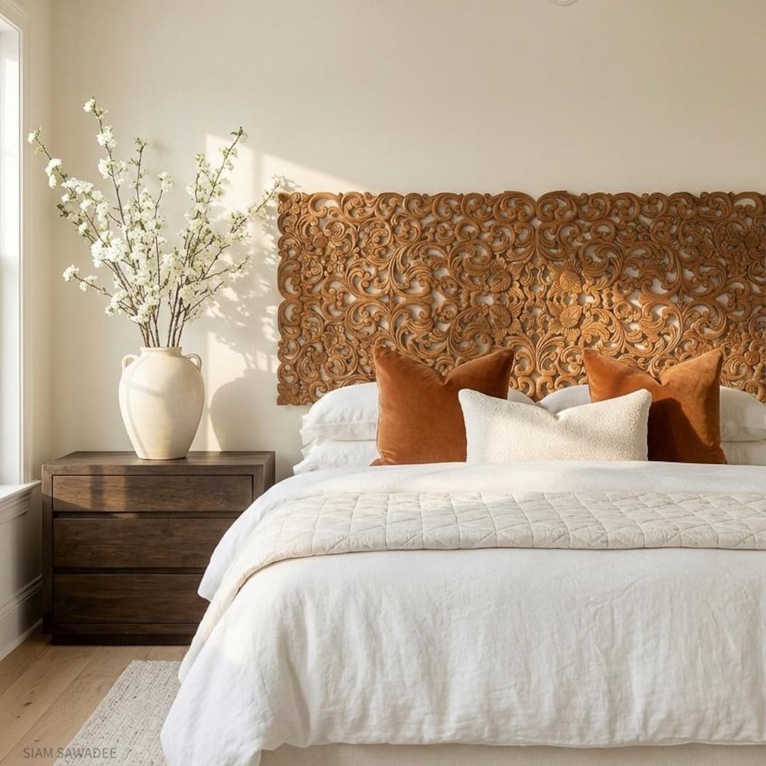 76" Teak King Headboard, Handcarved Thai Panel Wall Art, Reclaimed Wood ...