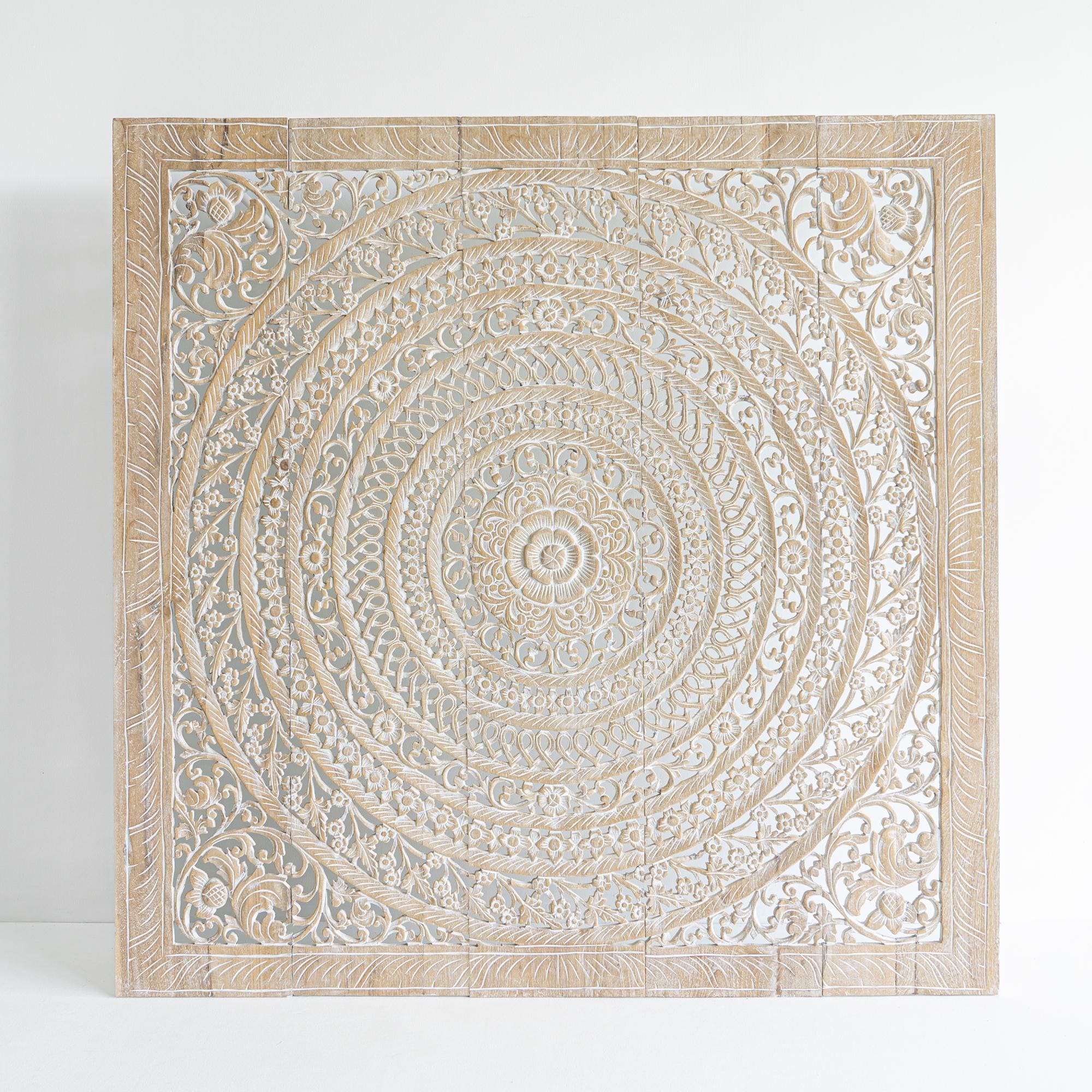 Queen Headboard 60” Carved Teak Panel, Whitewashed/beige Moroccan ...