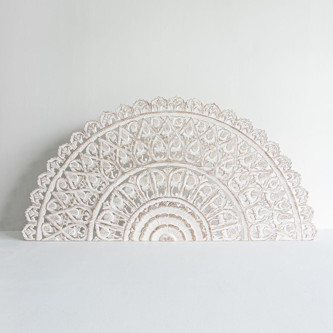 Half Moon Wood Headboard, White Carved Panel King Headboard Semi Circle ...