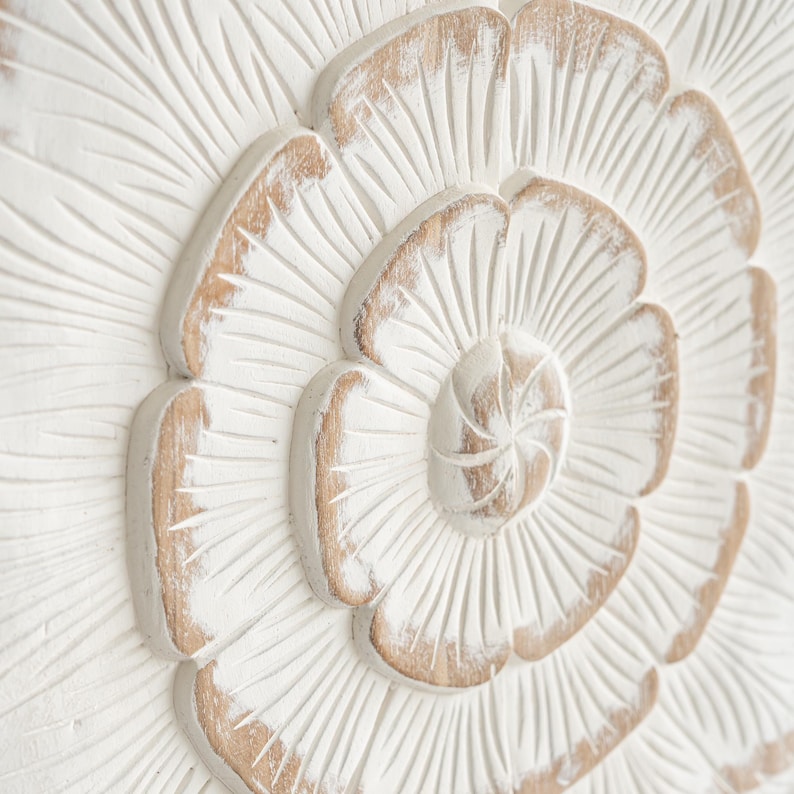 Large White Lotus Carved Wood Panel 72" Teak Headboard Wall Art Mandala ...