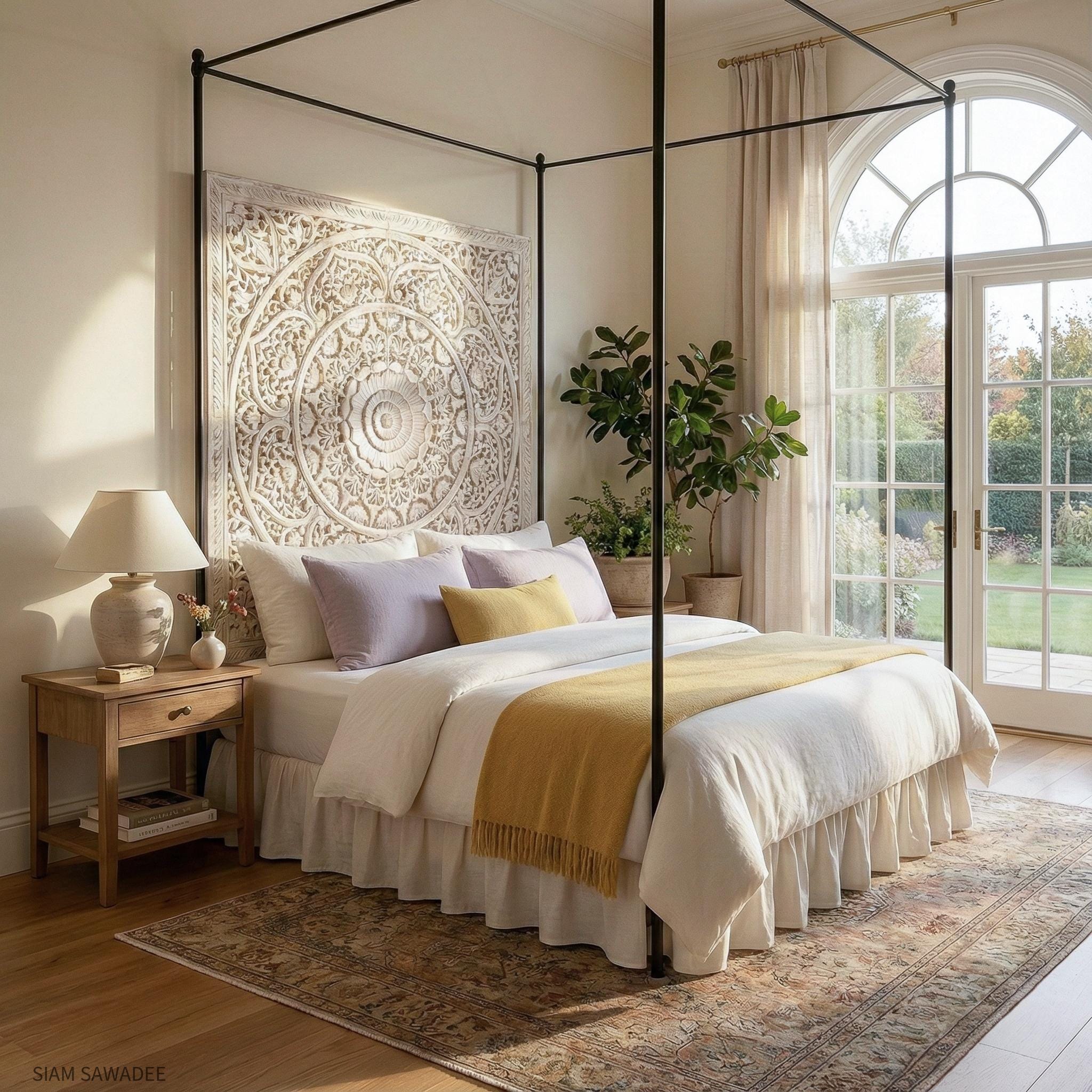 Large White Lotus Carved Wood Panel 72" Teak Headboard Wall Art Mandala ...