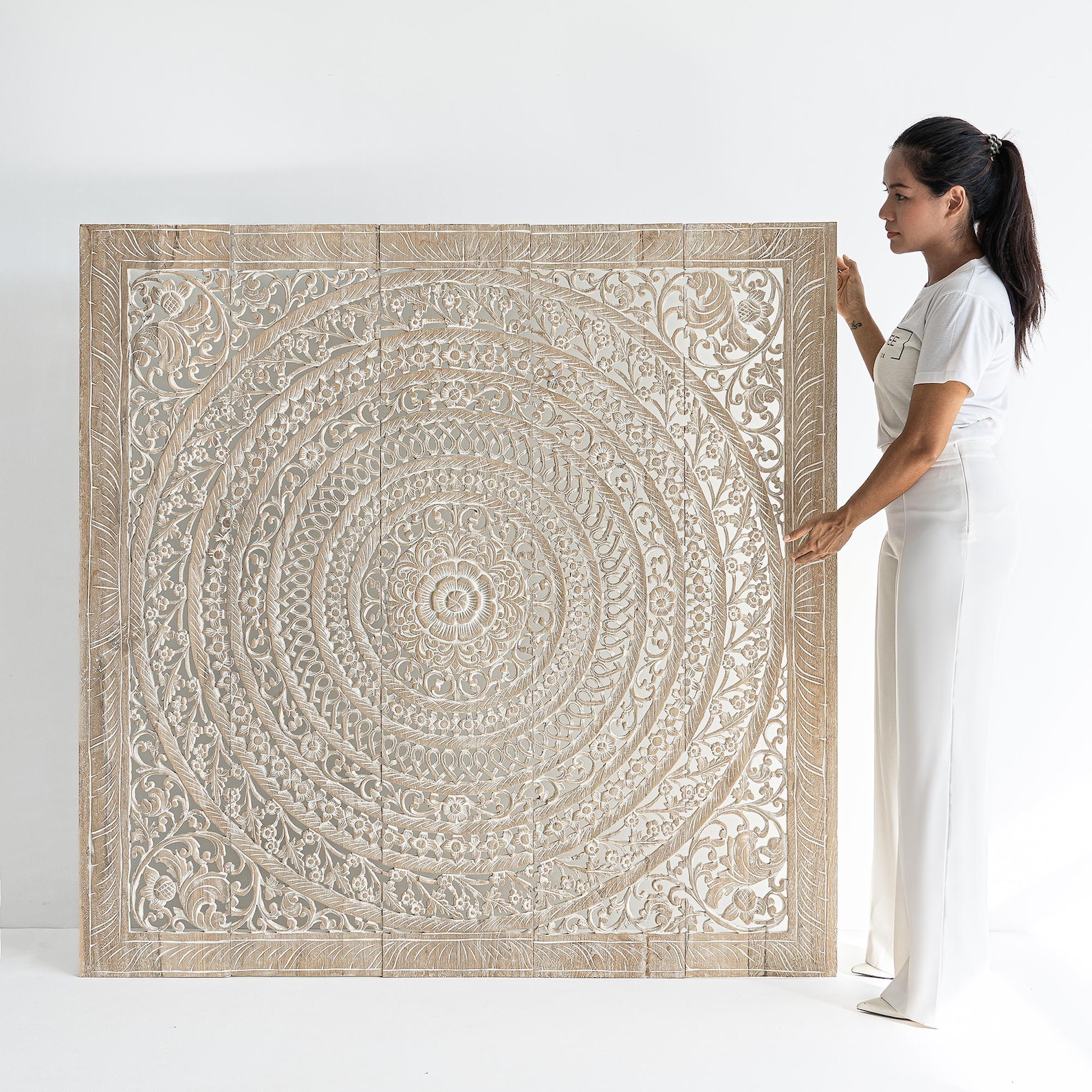 Queen Headboard 60” Carved Teak Panel, Whitewashed/beige Moroccan ...