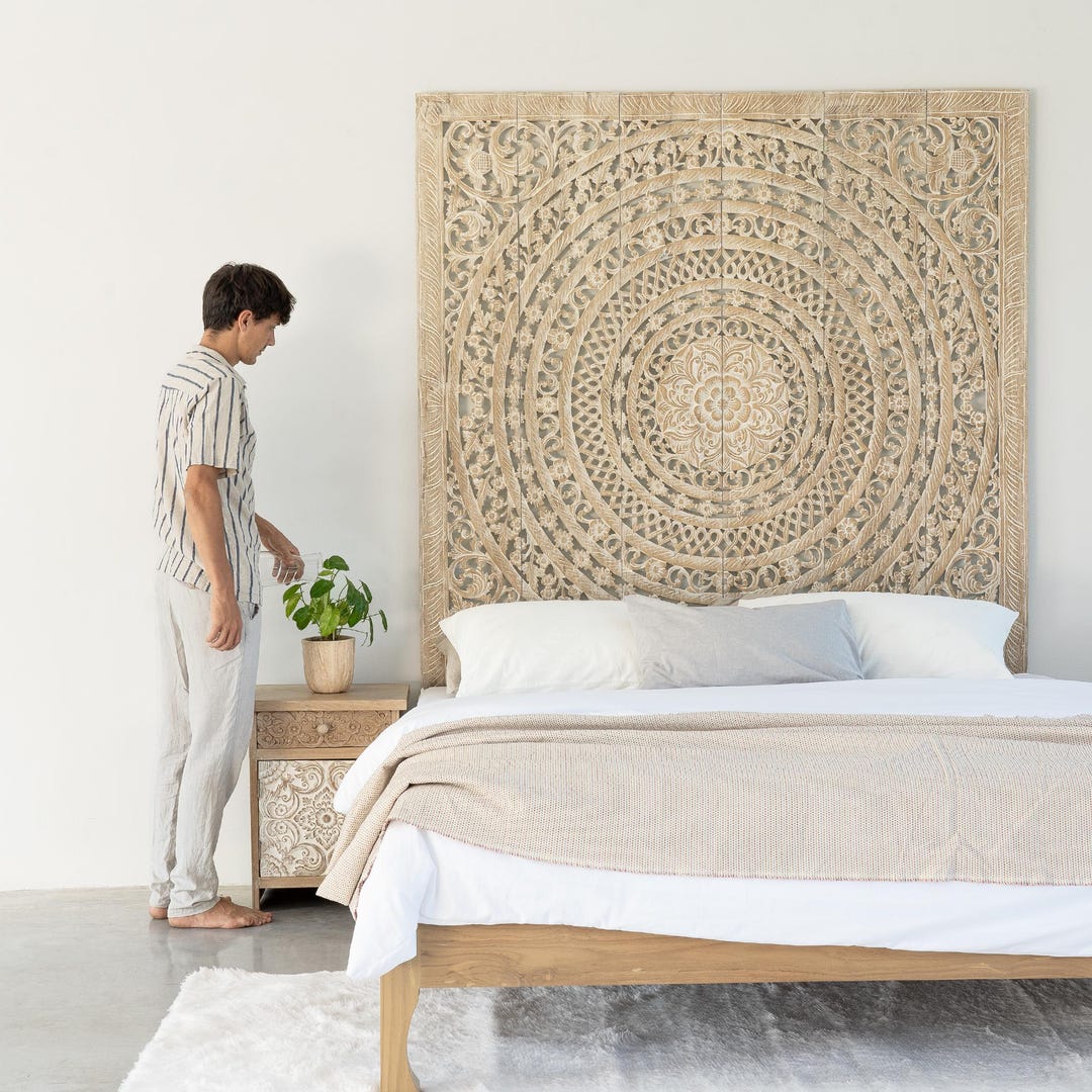 Large Carved Wood Wall Panel White Washed Teak Wall Art 72” Mandala ...