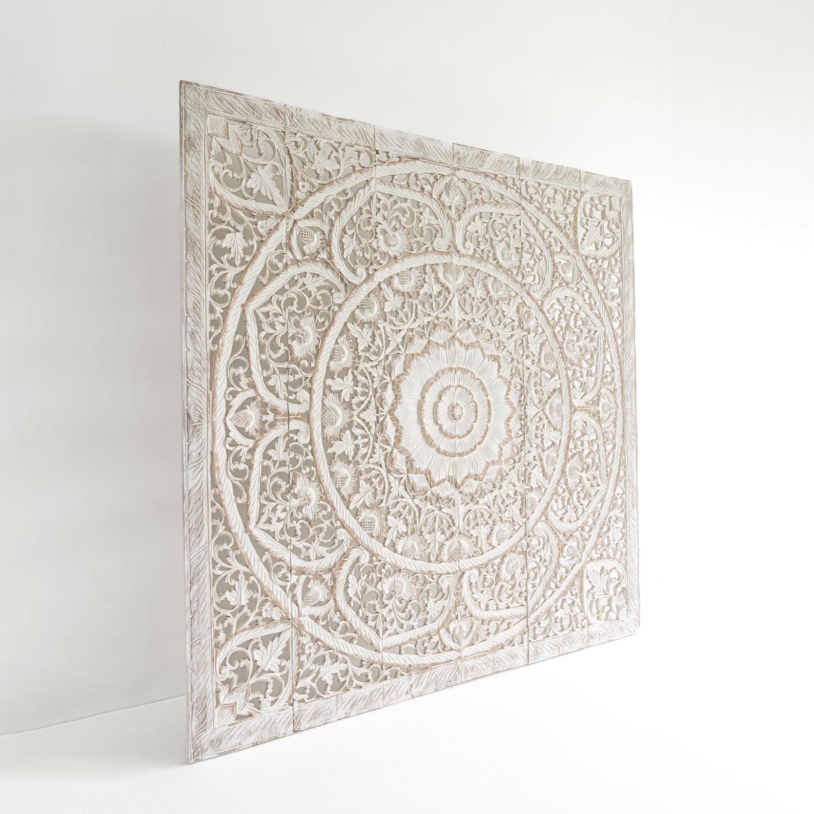 Large White Lotus Carved Wood Panel 72" Teak Headboard Wall Art Mandala ...