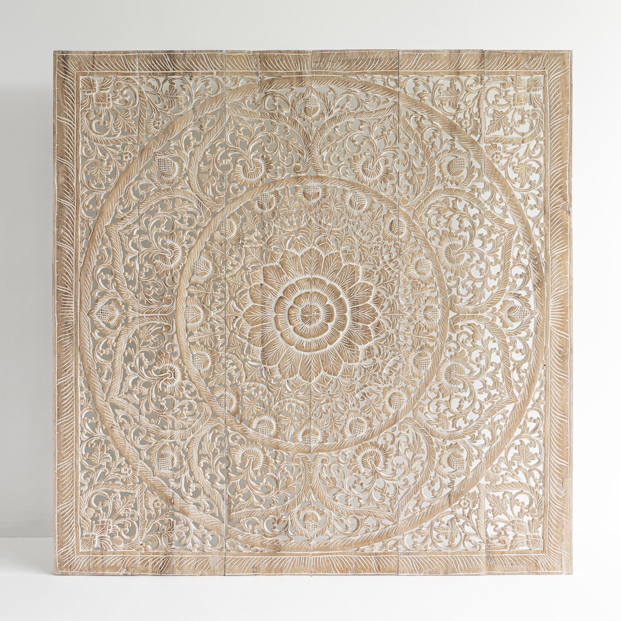 Large Carved Wood Wall Panel White Washed Teak Wall Art 72” Mandala ...