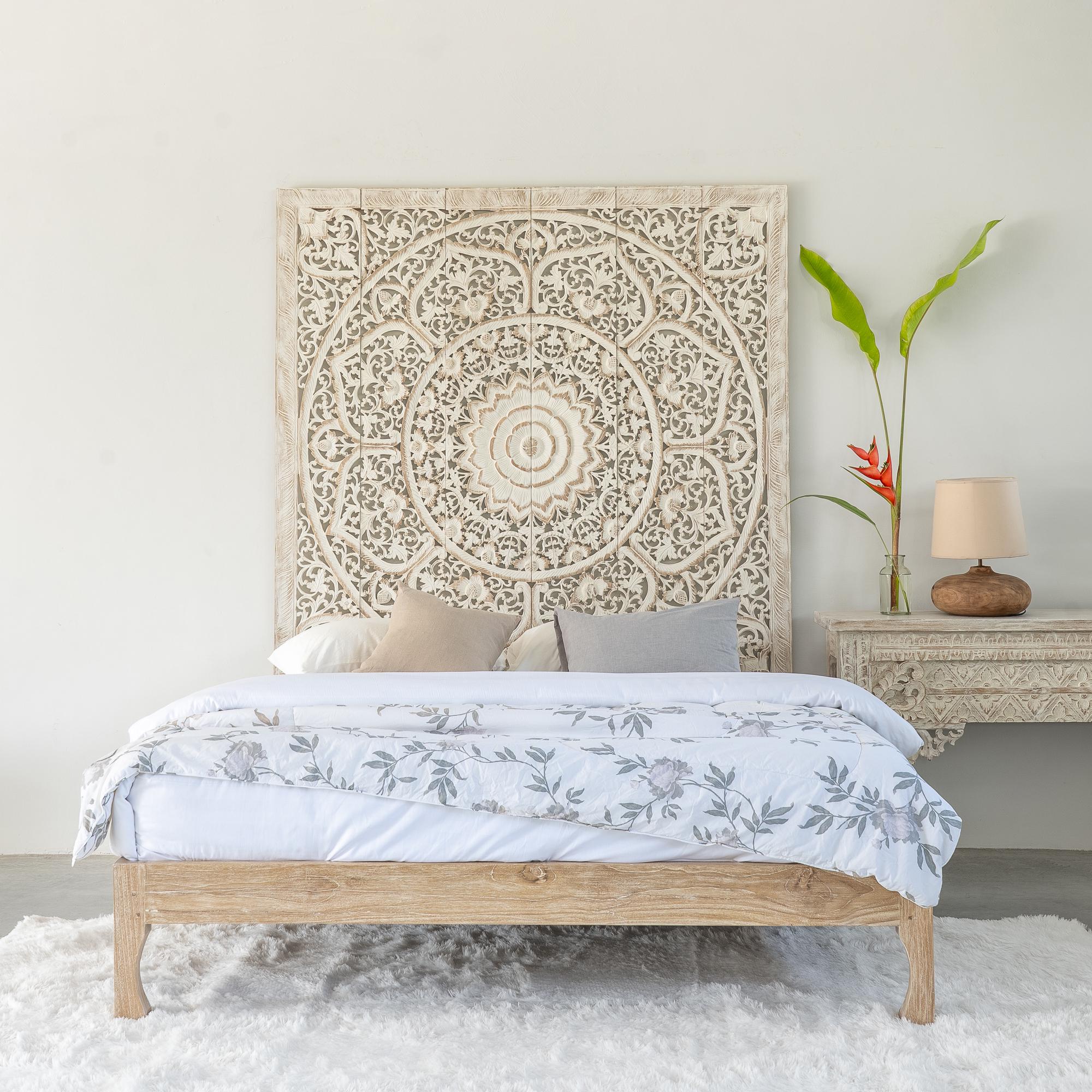 Large White Lotus Carved Wood Panel 72" Teak Headboard Wall Art Mandala ...