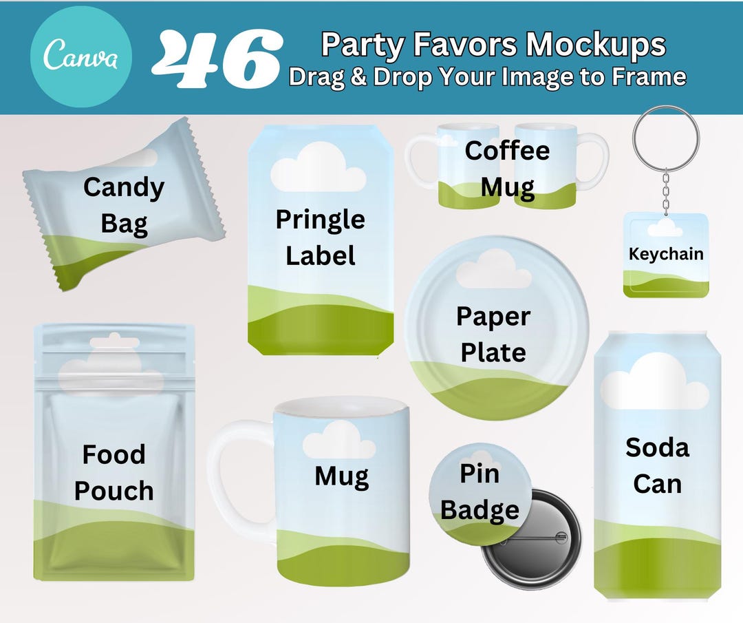 46 Party Favor Mockups Template Bundle Party Favors Gift Chip Bag Water ...