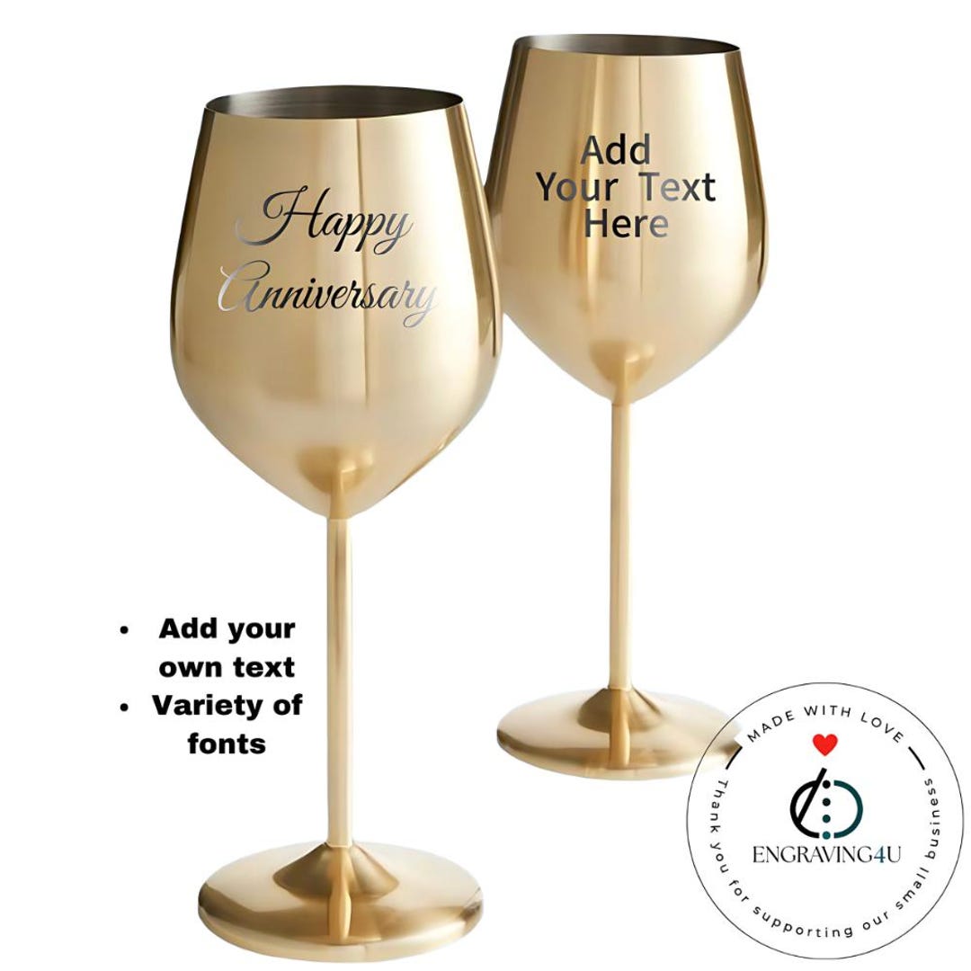 2 Personalized Brushed Gold Wine Glass Engraved Stainless Steel Wine ...