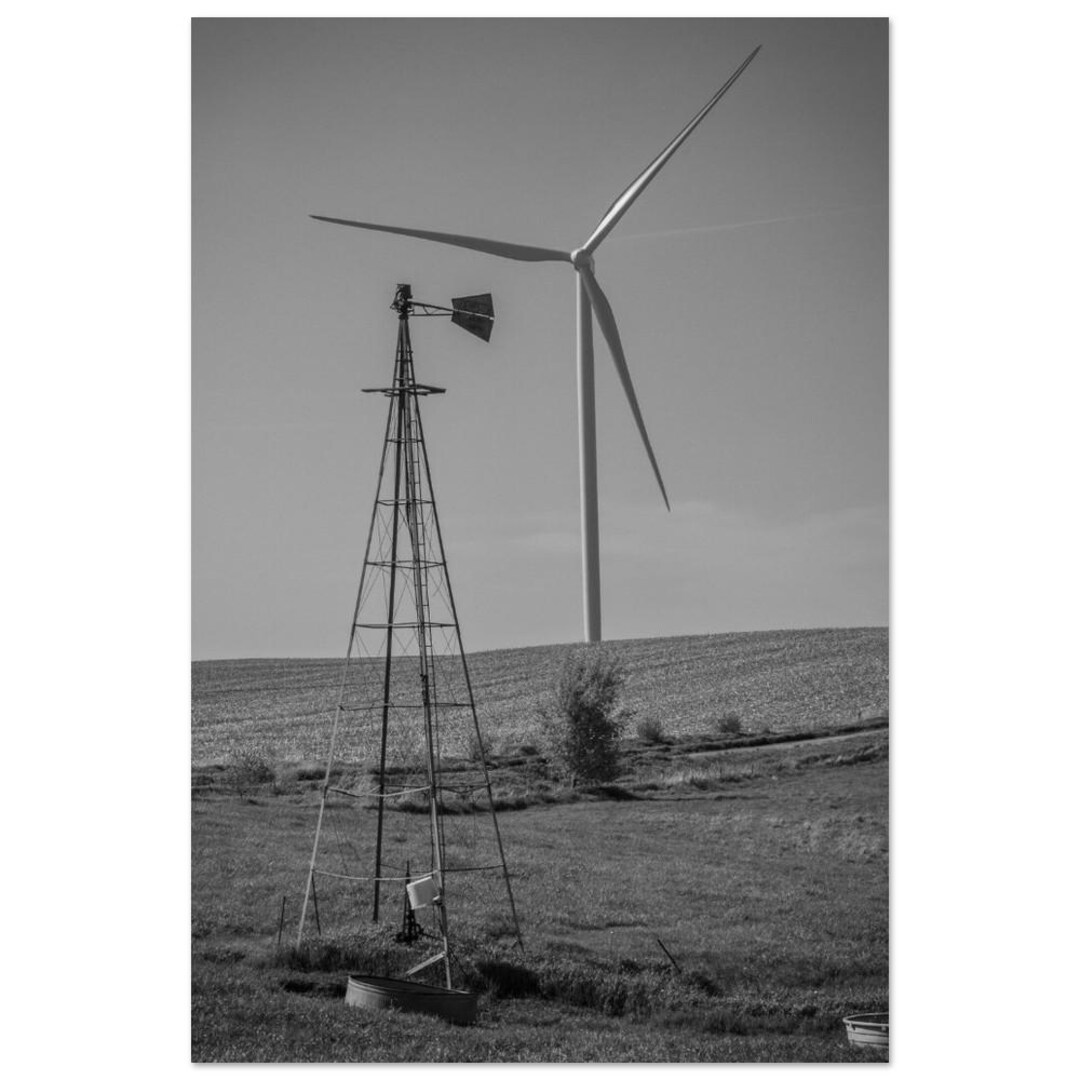 Out With the Old Broken Nebraska Farm Windmill Next to New Wind Turbine ...