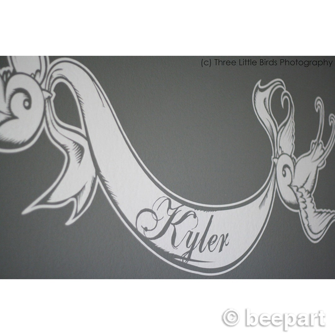 Personalized Tattoo Style Banner Wall Decal for Nursery, Swallow Tattoo ...
