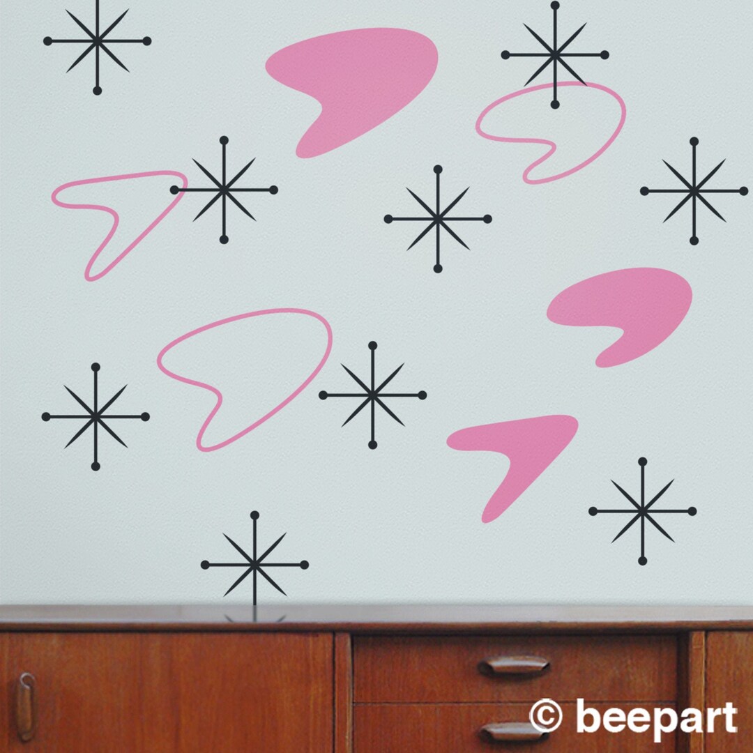 Pink Boomerang Wall Decal Set With Starbursts Mid Century Modern Style ...