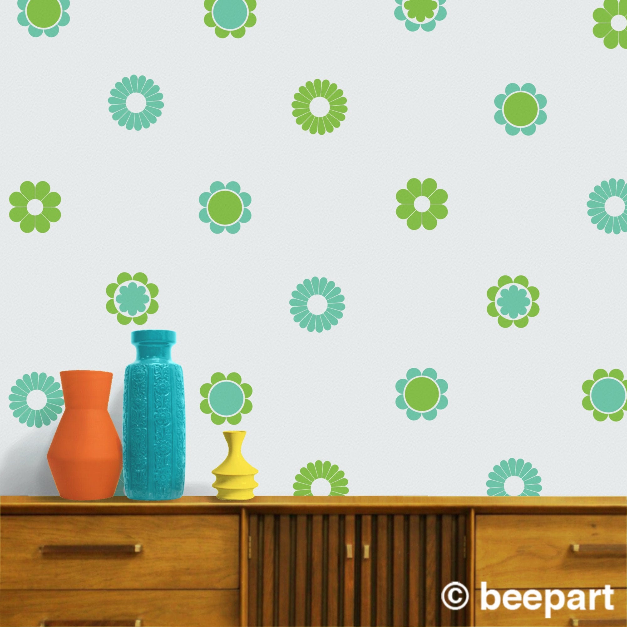 Flower pattern wall decal set 60s and 70s style flower decor vintage ...