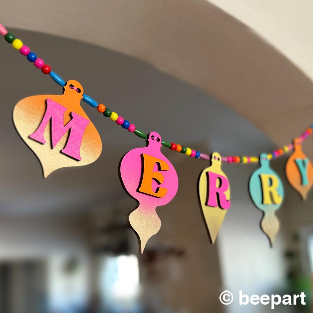 Merry Christmas Garland, Retro Ornament Holiday Garland, Colorful ...