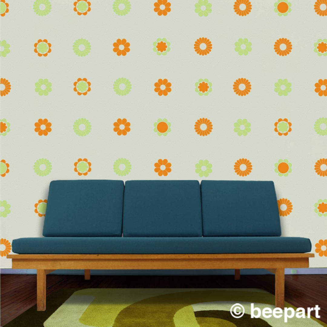 70s Flower Pattern Wall Decal Set, Vintage Style Flower Wall Decal ...