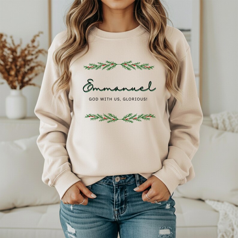 Christmas Emmanuel, God With Us, Glorious, Sand Color Crewneck ...