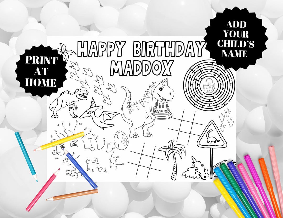 Editable Dinosaur Party Coloring Page, Dino Activity Placemat. Dino ...