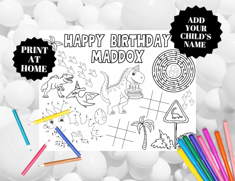 Editable Dinosaur Party Coloring Page, Dino Activity Placemat. Dino ...