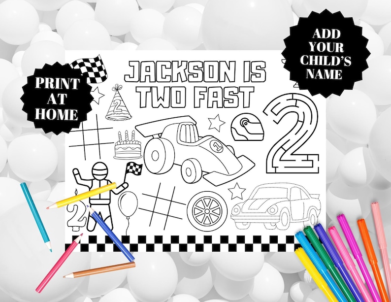 Personalized Two Fast Birthday Coloring Page, Printable Race Car ...