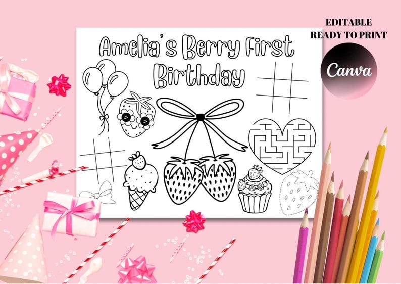 Strawberry Berry First Birthday Party Coloring Page Placemat. Editable ...