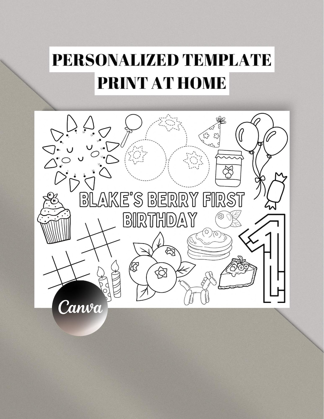 Personalized Blue Berry First Birthday Coloring Page, Birthday Placemat ...