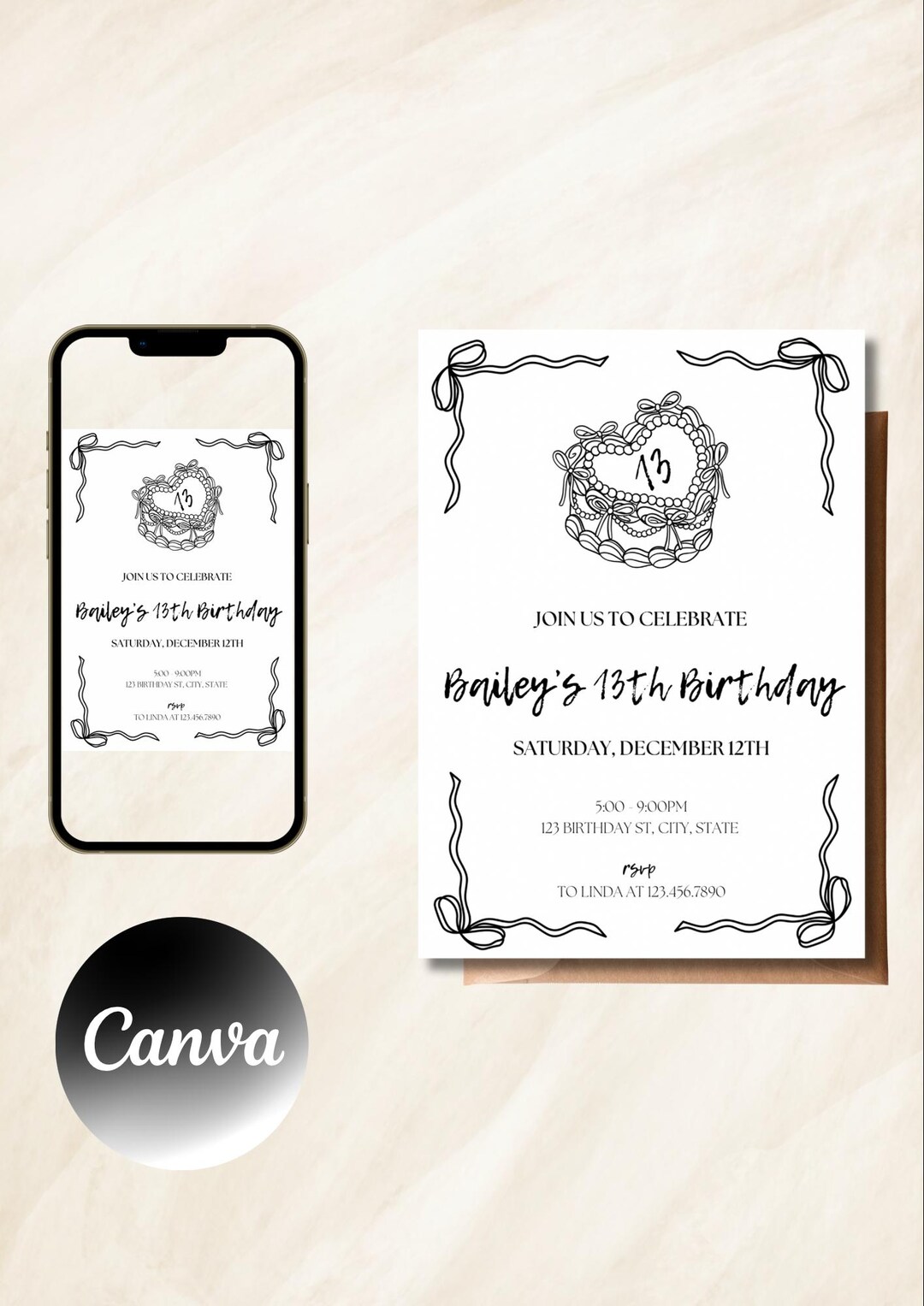 Black Bow Birthday Invitation, Vintage Cake Birthday Party, Heart ...