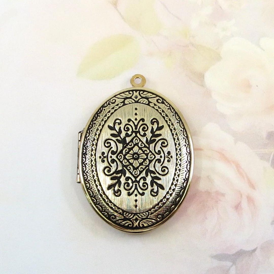 Brass Oval Locket, Antiqued Gold Plated, Ornate Textured Design, US ...