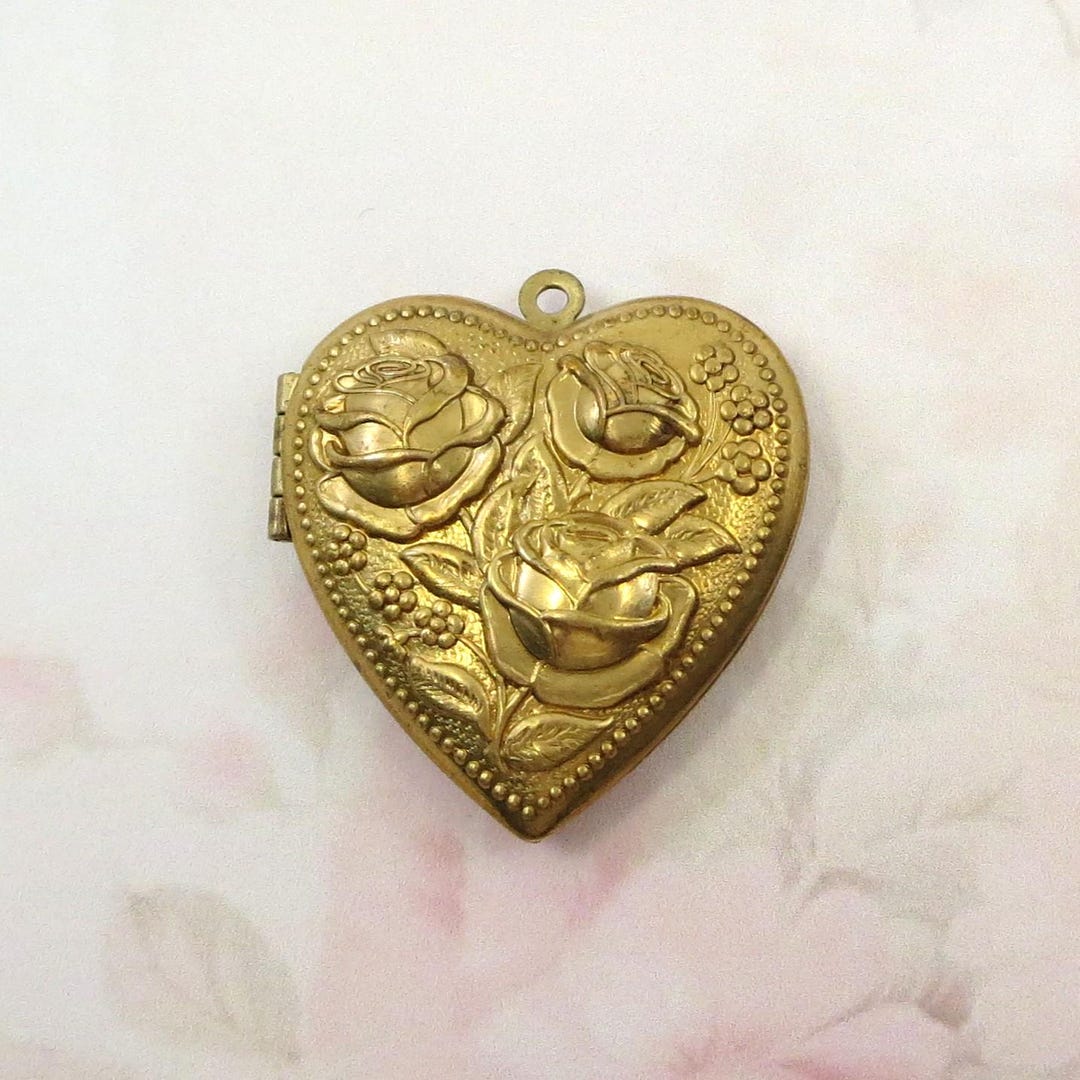 Brass Heart Locket, Triple Rose Heart Locket, Flower Locket, US Made ...