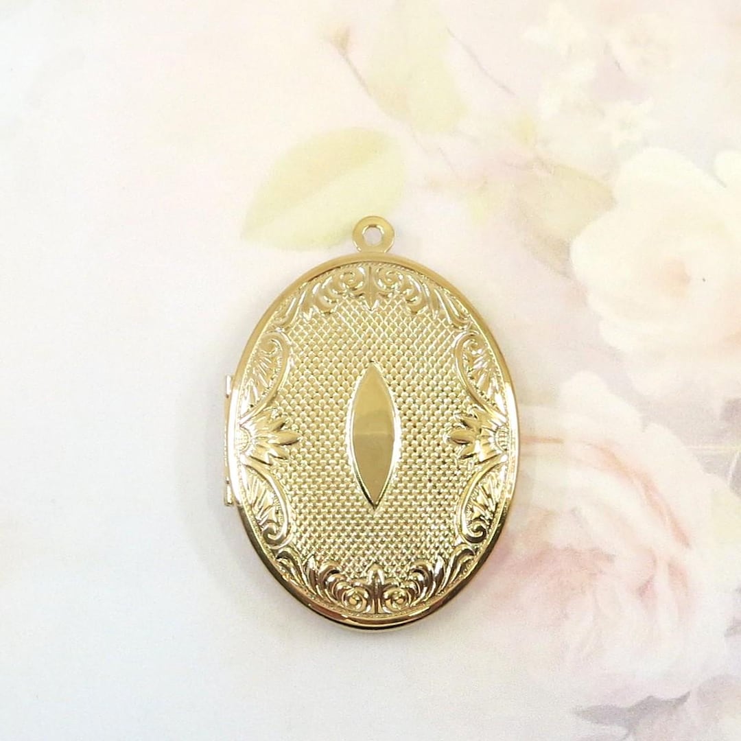 Brass Oval Locket, Gold Plated, Ornate Textured Design, US Made, 1 ...