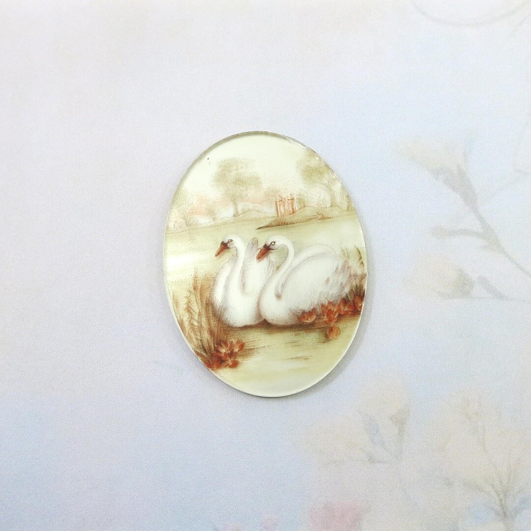 Vintage West German Swans Cabochon, White Swan, Vintage Mirrored Glass ...