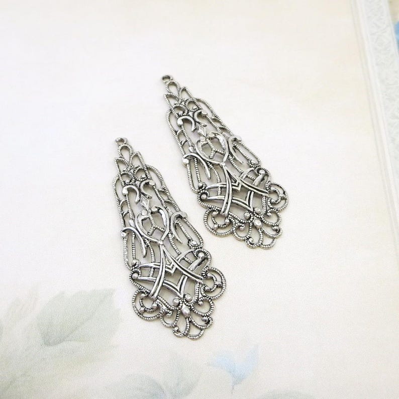 Vintage Brass Filigree, Filigree Pendant Drops, Antiqued Silver, 2 ...