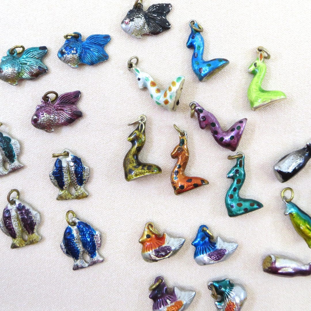 Vintage Chinese Enamel Animal Charms, Assorted Silver Wildlife Pendants ...