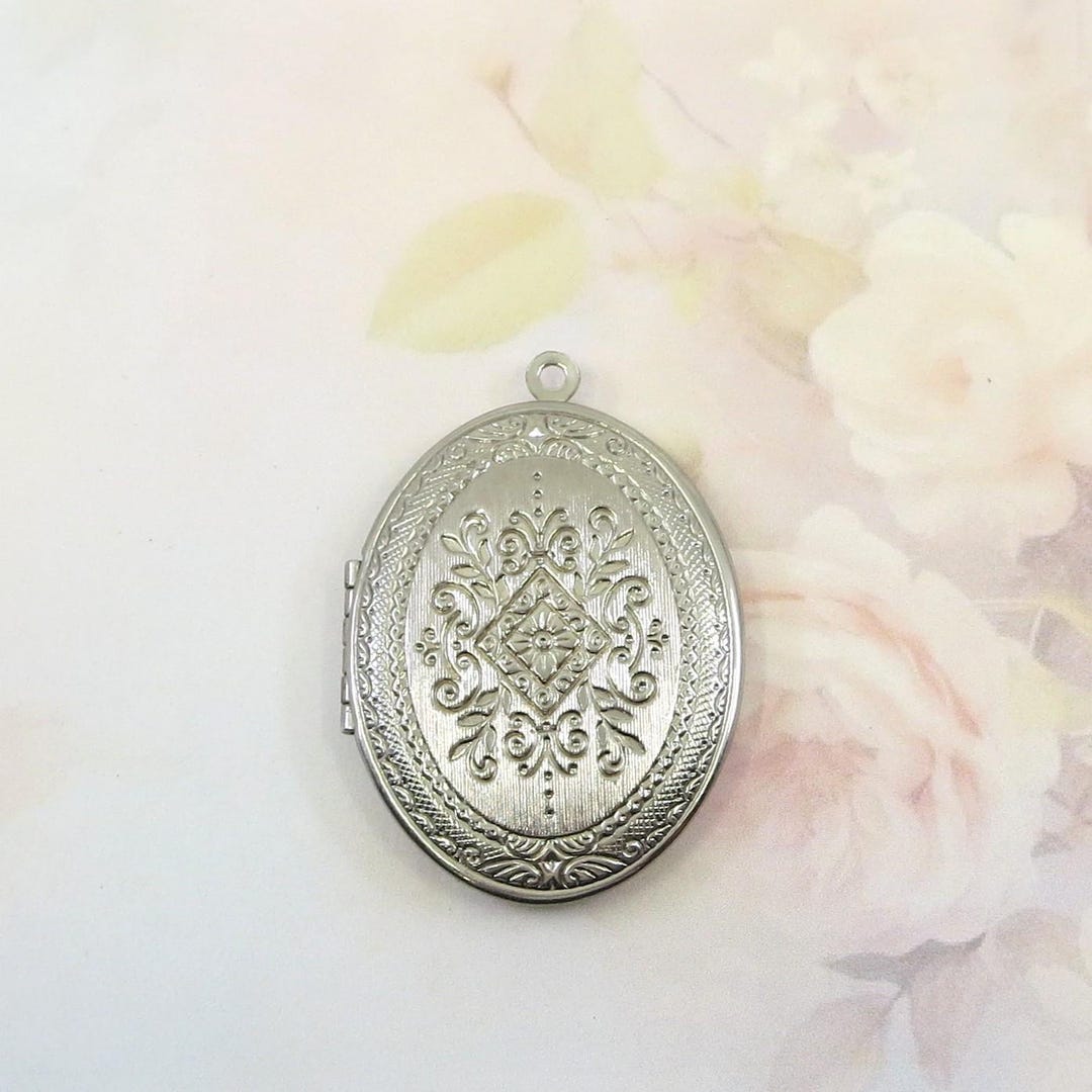 Brass Oval Locket, Silver Plated, Ornate Textured Design, US Made, 1 ...