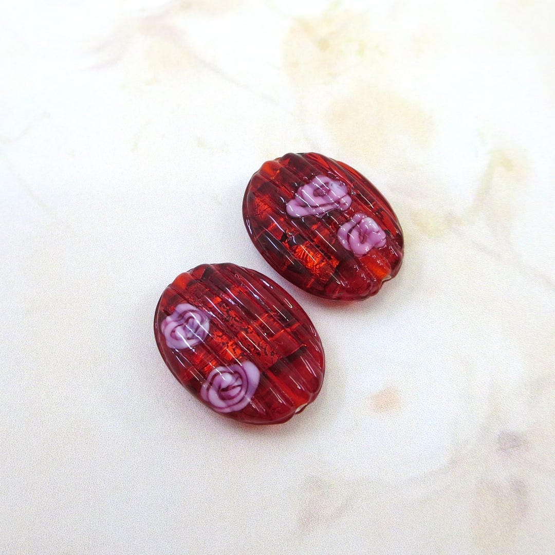 Vintage Czech Glass Beads, Vintage Red Foiled Beads, Pink Roses ...