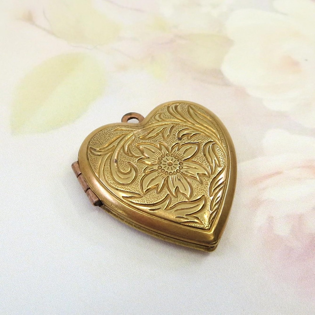 Brass Heart Locket, Flower Heart Locket, US Made, Raw Brass, 28mm, 1 ...
