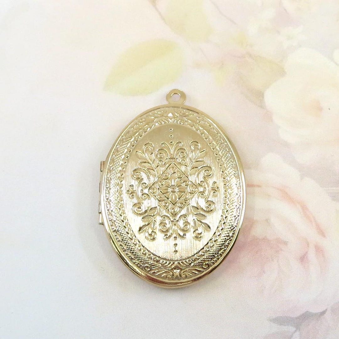 Brass Oval Locket, Gold Plated, Ornate Textured Design, US Made, 1 ...