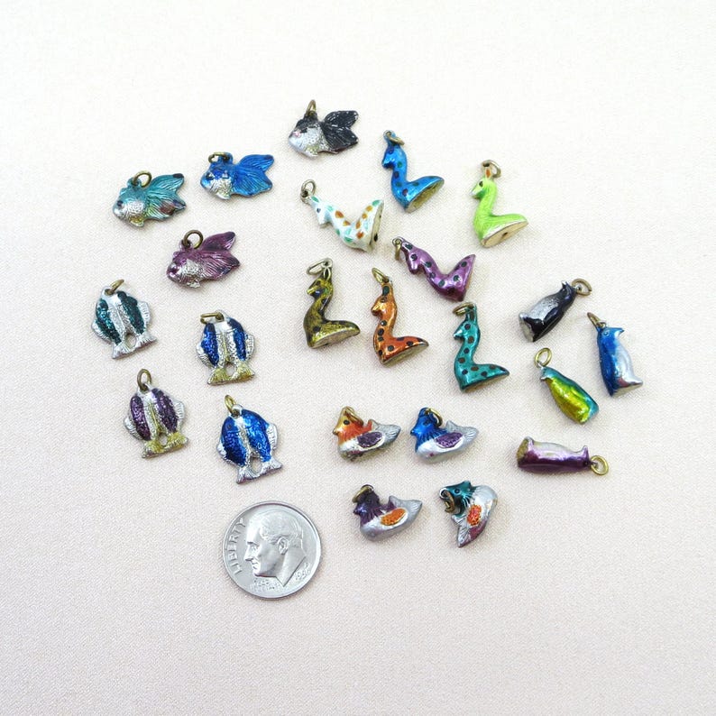 Vintage Chinese Enamel Animal Charms, Assorted Silver Wildlife Pendants ...
