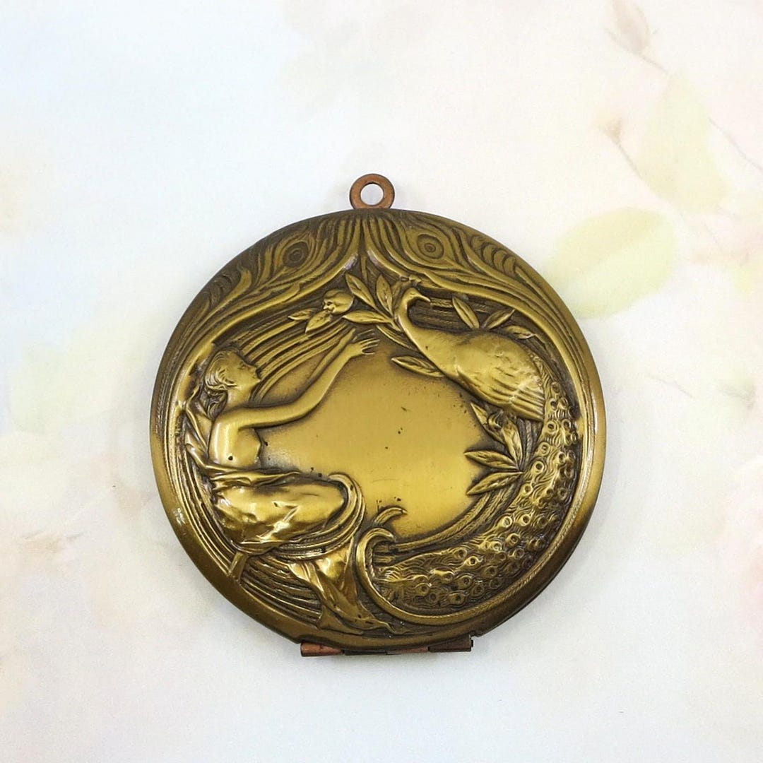 Lady With Peacock Locket, Large Round Photo Locket, USA Made, 1 Piece ...