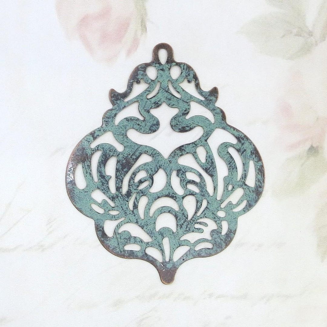 Sage Green Filigree Pendant, Green Patina Pendant Drop, Copper Plated ...
