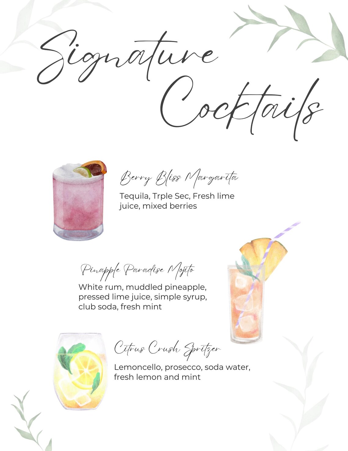 DRINK MENU TEMPLATE | Signature Cocktail Menu | Cocktail Party Menu ...