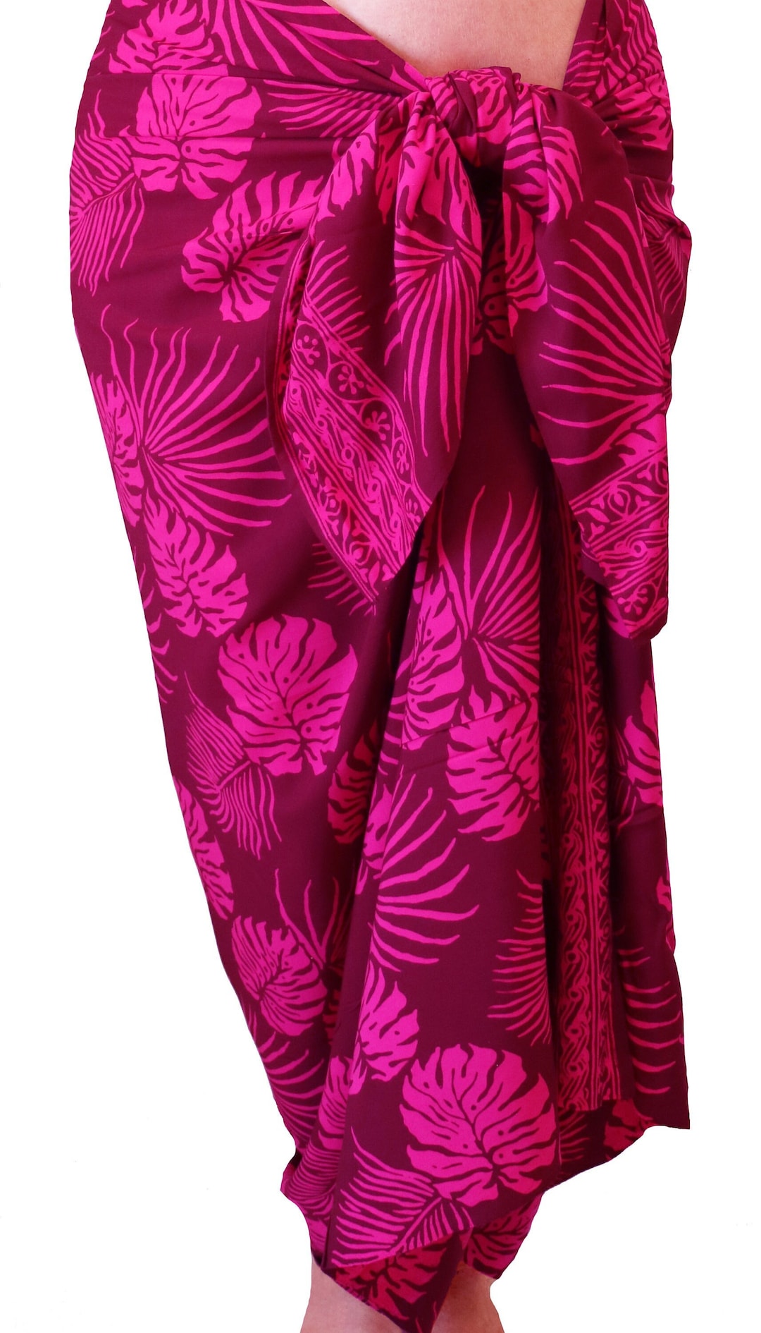Maroon and Pink Batik Sarong Hawaiian Jungle Leaves Beach Wrap Skirt ...