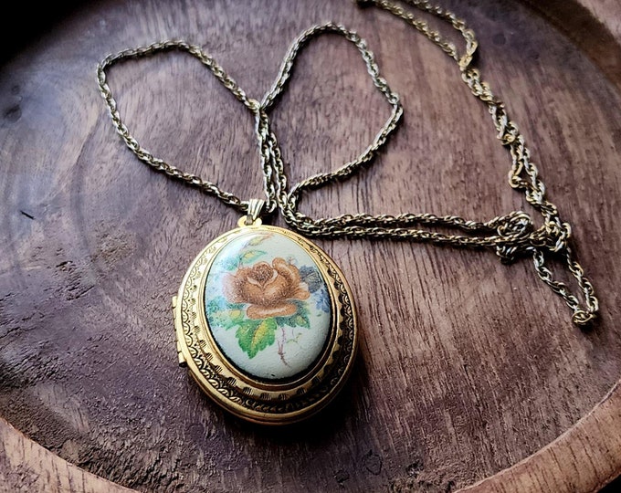 Vintage 1928 Painted Rose Locket Necklace - Victorian Style With Long ...