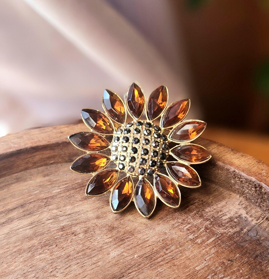 Vintage 70s Amber Rhinestone Sunflower Brooch - Gold and Brown - Etsy