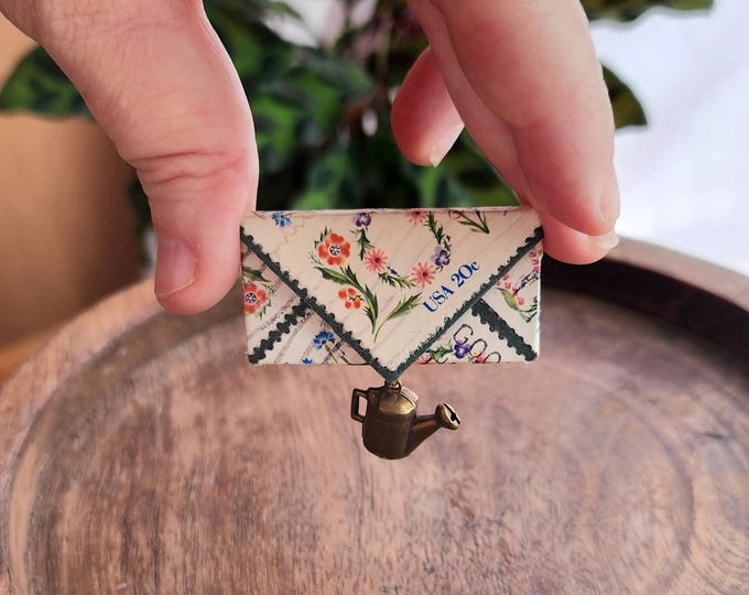 Vintage Tiny Envelope Pin - Garden Party Stamp Motif - 20c Postage ...