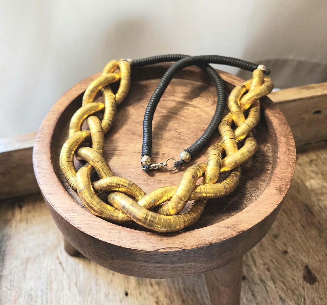 Vintage Textile and Metal Bold Gold Necklace - Metal Bead and Corded ...