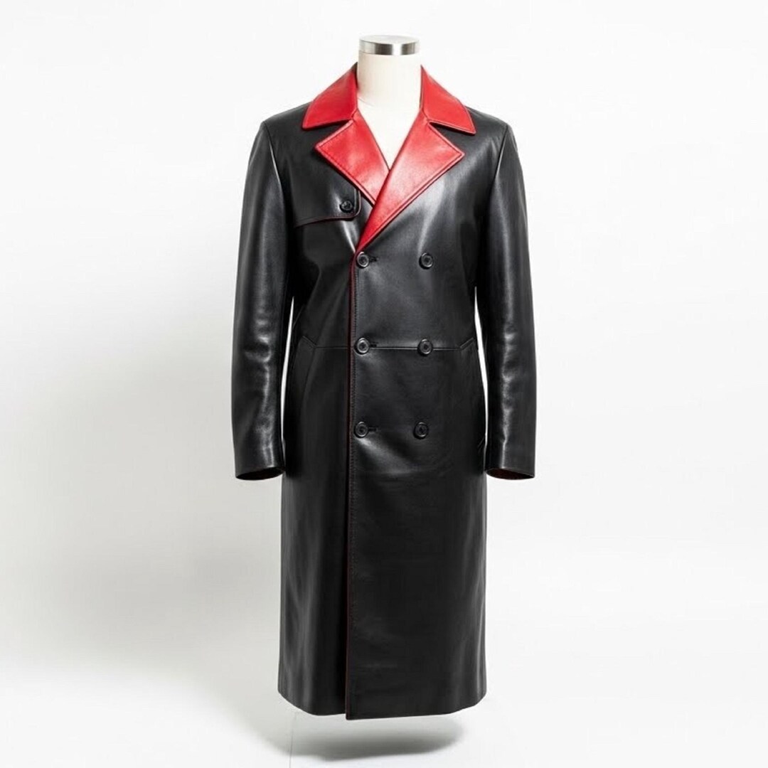Genuine Black and Red Leather Trench Coat - Gothic Steampunk Overcoat ...