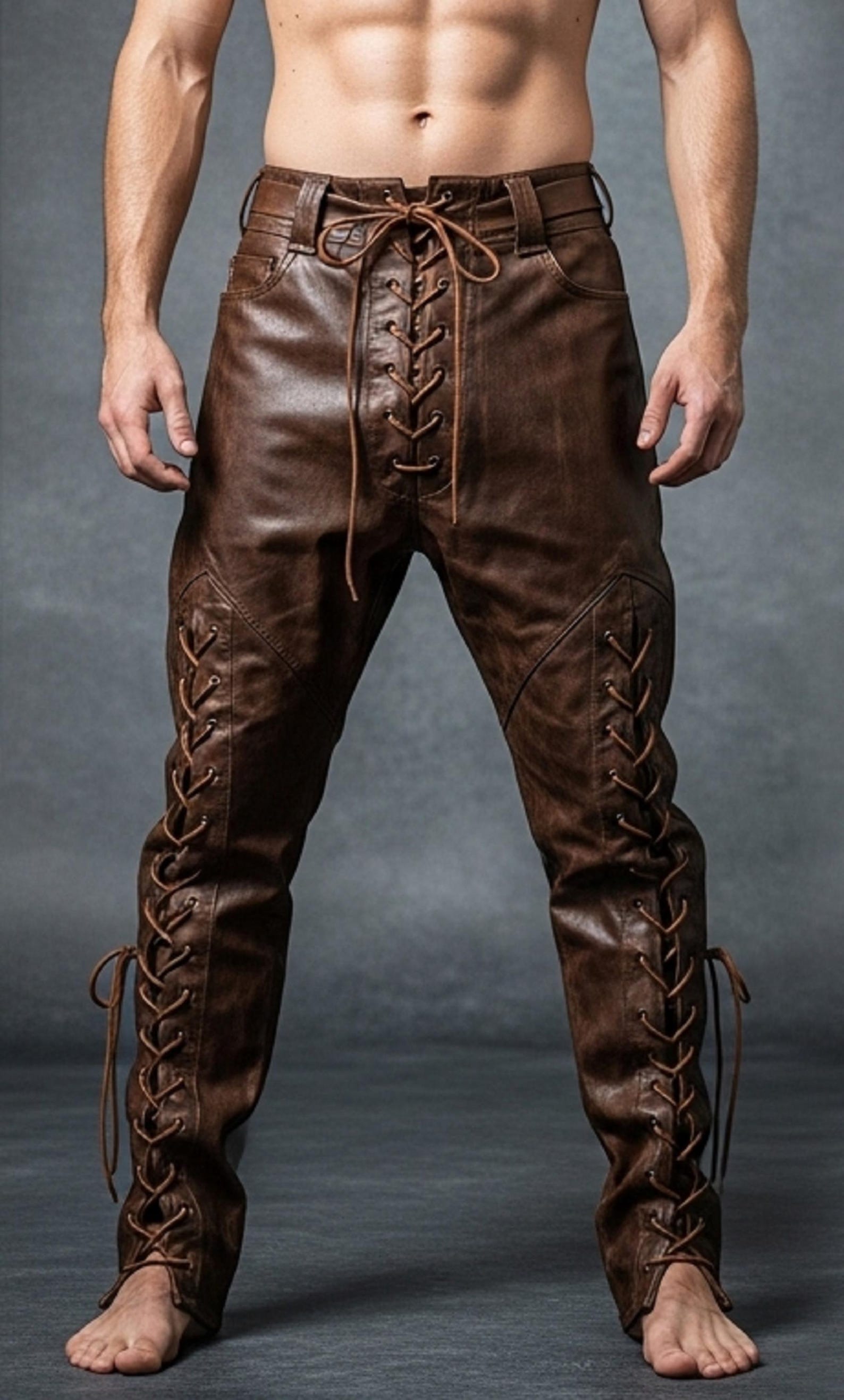 Men's Gothic Brown Leather Lace-up Pants - Viking Renaissance LARP ...